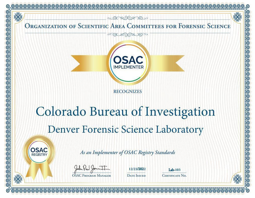 CBI labs recognized for implementing national standards | Colorado Bureau of Investigation